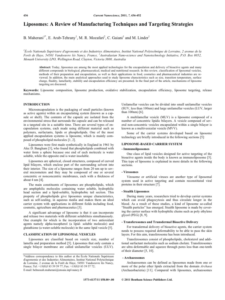 Liposomes A Review of Manufacturing Techniques and Targeting Strategies ...