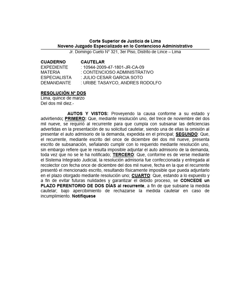 Plazo Perentorio para Subsanación Cautelar | PDF | Derecho