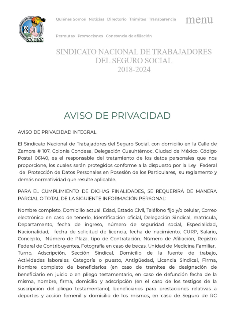 SNTSS Aviso de Privacidad | PDF | Derecho laboral | Sindicato