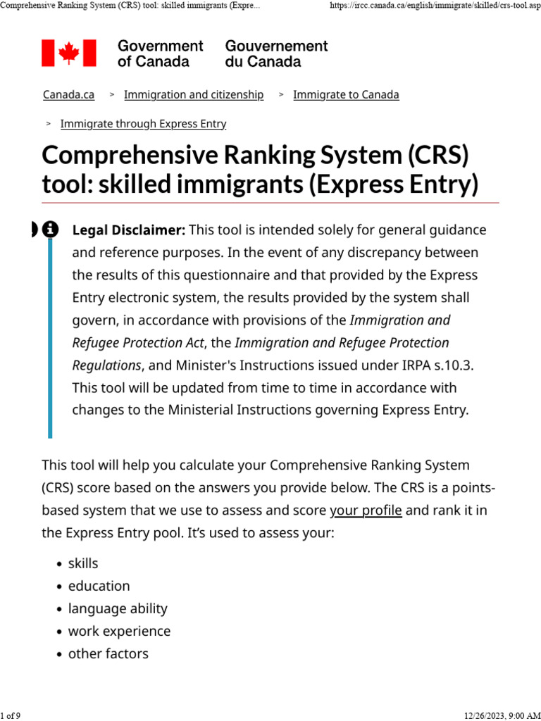 Comprehensive Ranking System (CRS) Tool Skilled Immigrants (Express Entry) | PDF | Academic ...