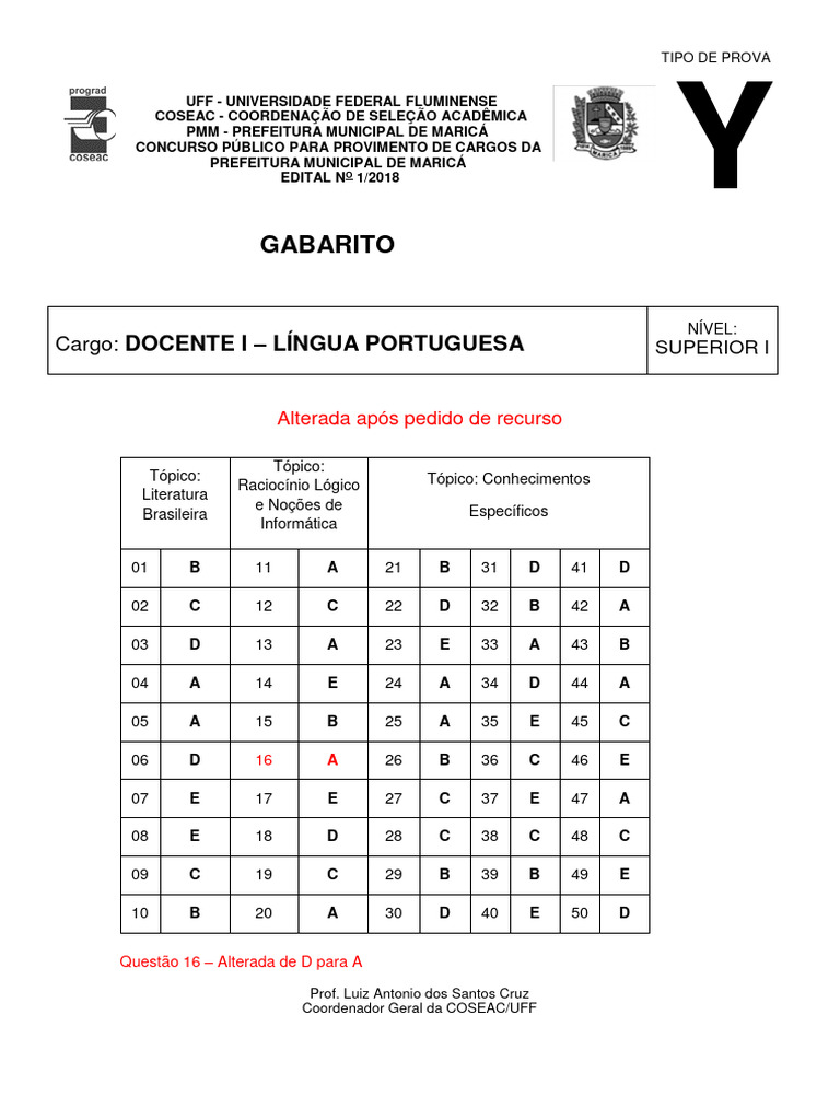 Gabarito Prova Docente Port y | PDF