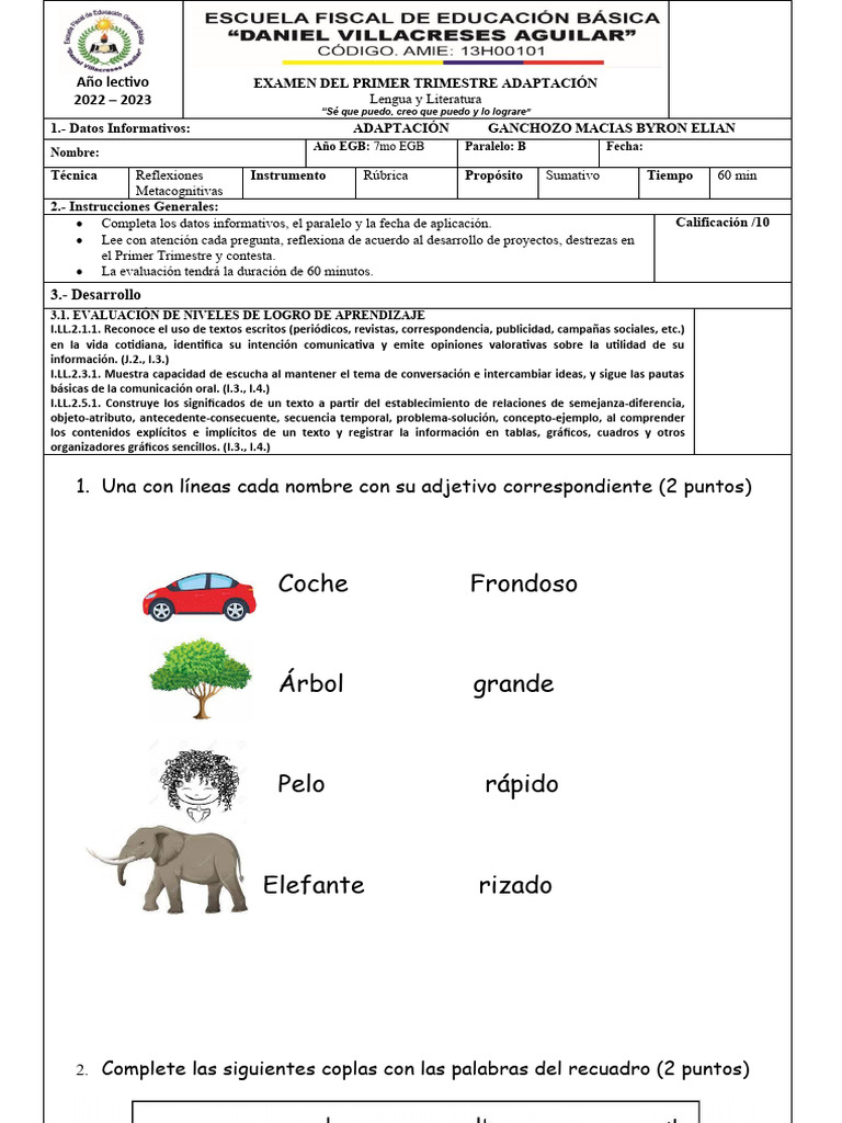Evaluacion Septimo Ganchozo | PDF | Evaluación | Ciencia cognitiva Evaluacion Septimo Ganchozo | PDF | Evaluación | Ciencia cognitiva