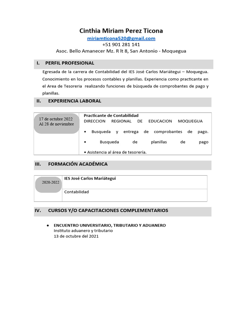 CV - Cinthia Miriam Perez Ticona | PDF