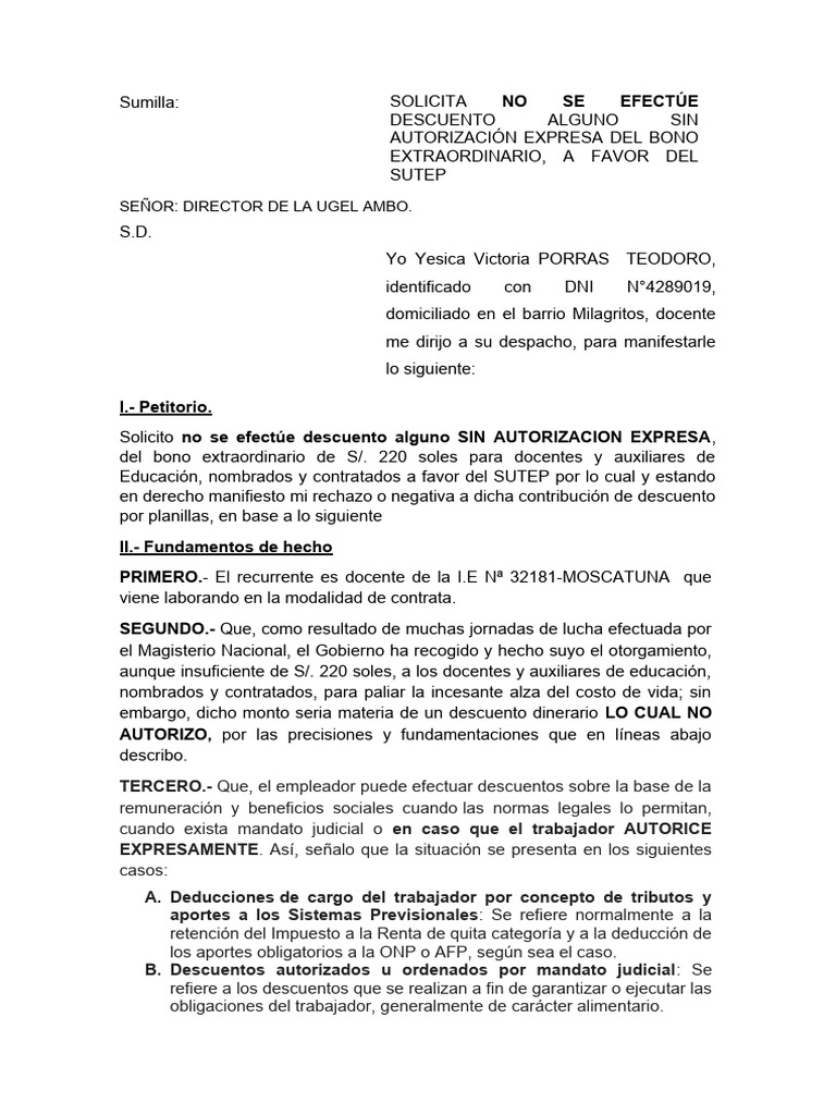 Modelo de Solicitud para Descuento de Bono | PDF
