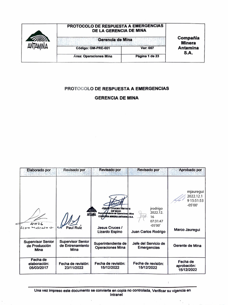Protocolo de Emergencias Gerencia de Mina v07 Dic.22 | PDF