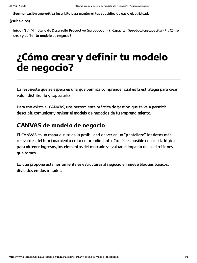 ¿Cómo Crear y Definir Tu Modelo de Negocio - Argentina - Gob.ar | PDF