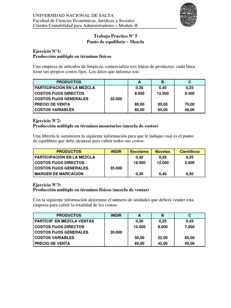 TP #5 - Punto de Equilibrio Mezcla - 2023 - Enunciado | PDF | Economias | Business
