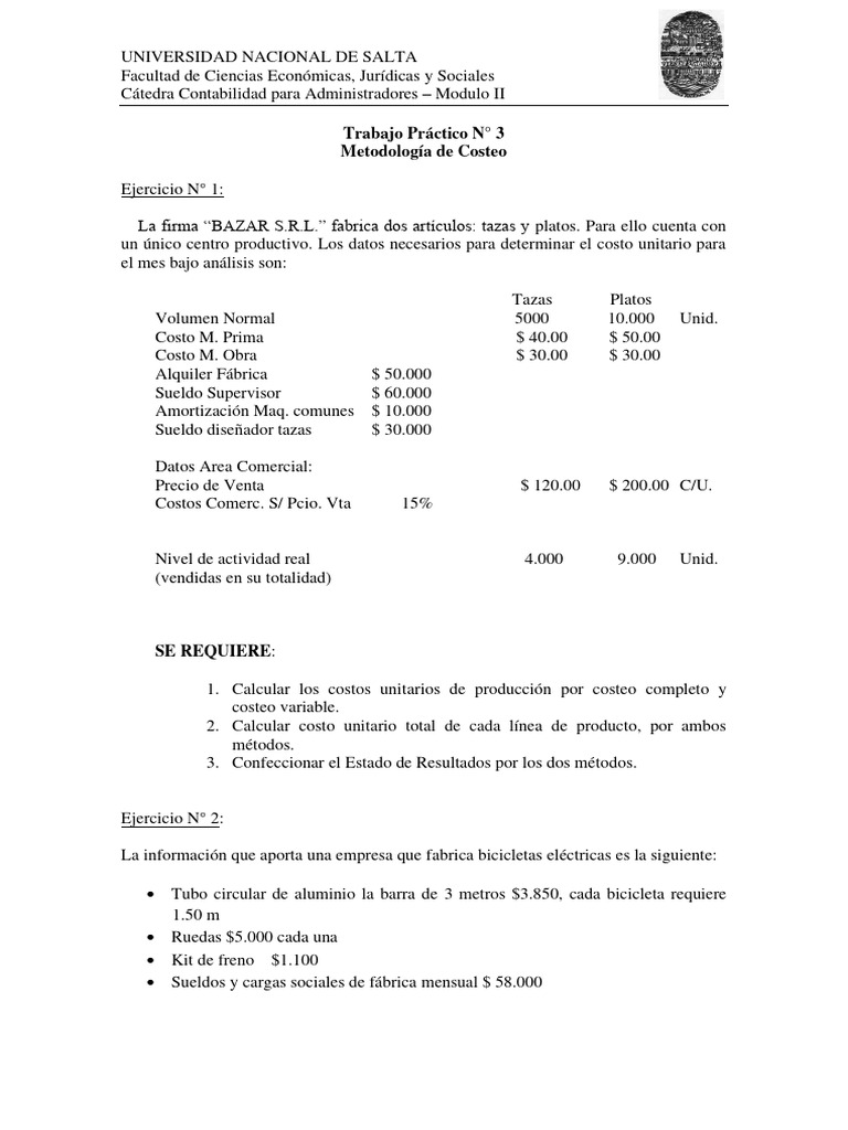 TP #3 - Metodologia de Costeo - 2023 - Enunciado | PDF