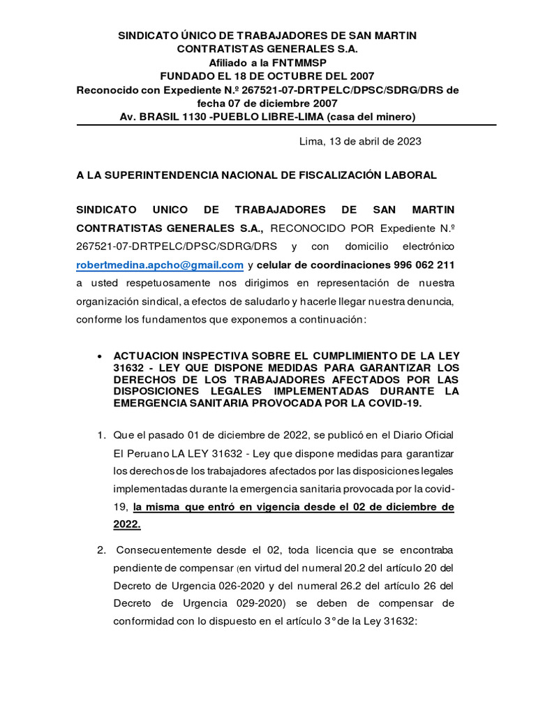 Denuncia San Martin Lima - SUNAFIL | PDF