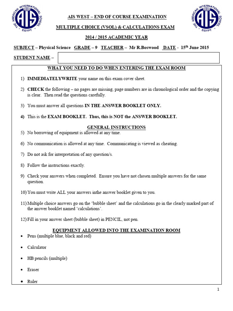 Year 9 Physical Science End of Year Exam | PDF