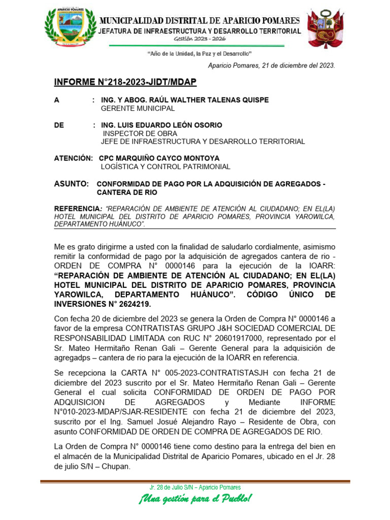 Informe N°218-2023 - Conformidad de Pago Adquisicion Del Agregados - Cantera de Rio Hotel | PDF ...