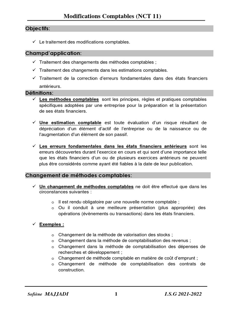 NCT 11 Modifications Comptables Cours 2022 | PDF
