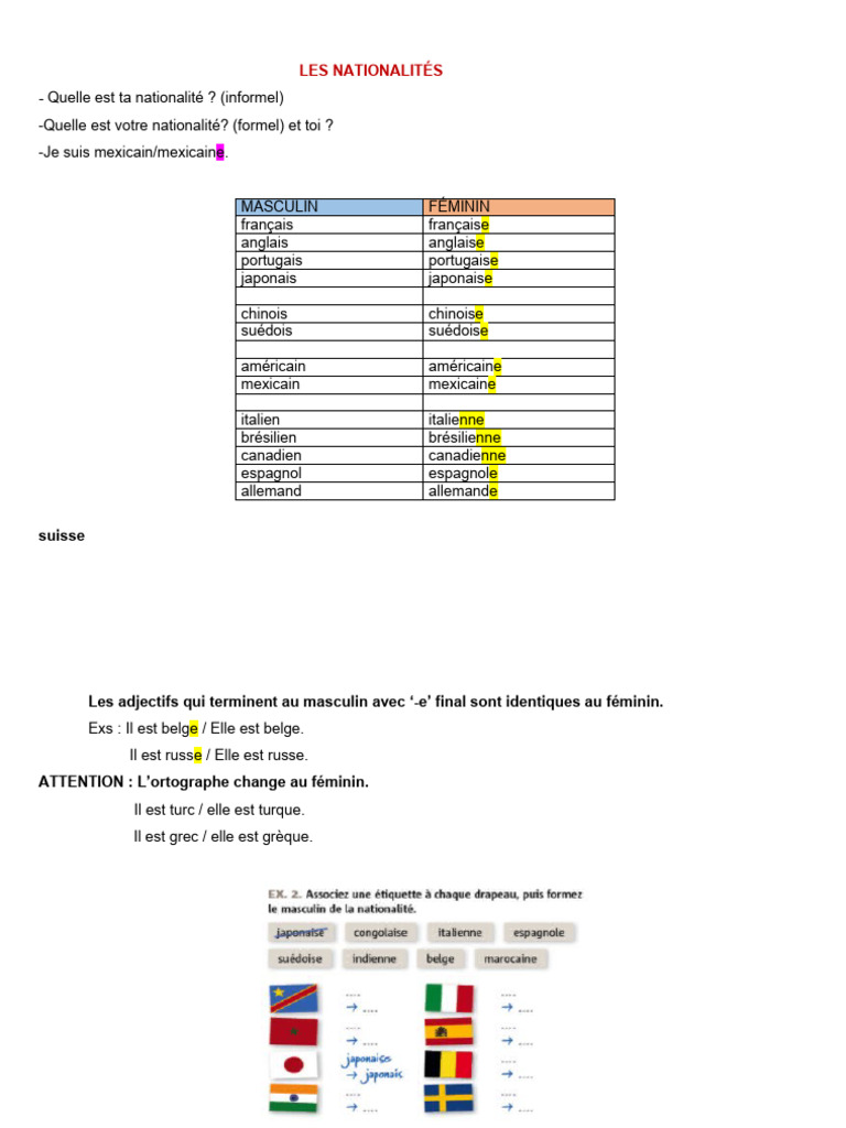Cours - Les Nationalites Et Les Pays | PDF | Études des langues étrangères