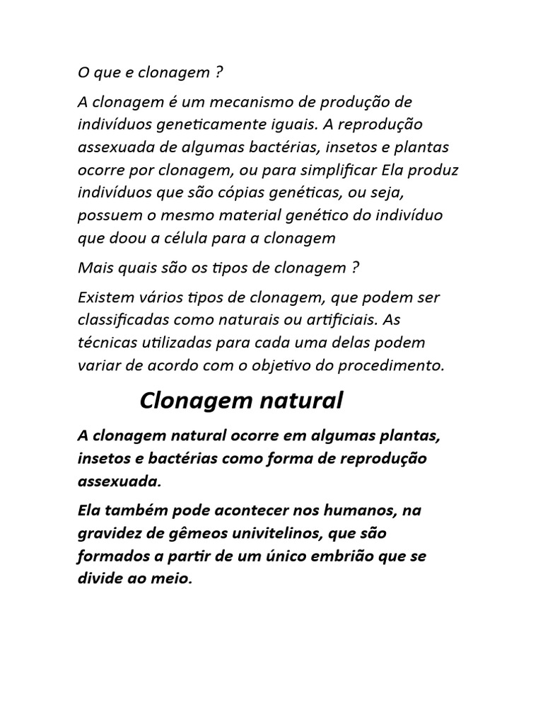 Trabalho Sobre A Clonagem | PDF | Autoajuda | Ciências e Matemática