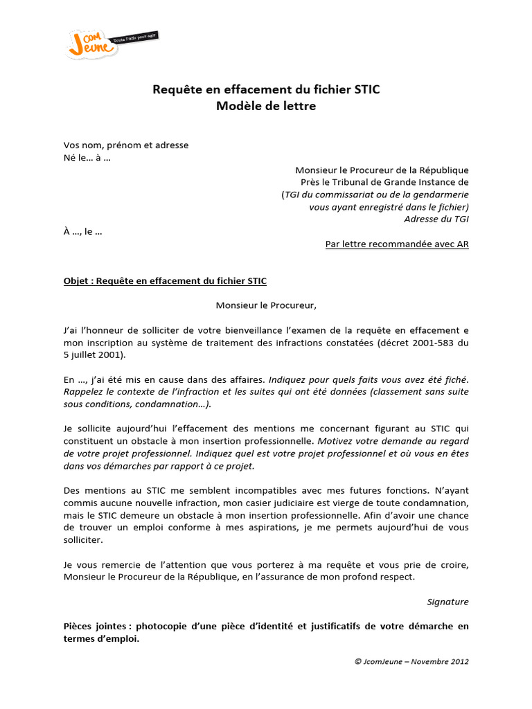 Requete en Effacement Du Fichier Stic - Modele de Lettre | PDF