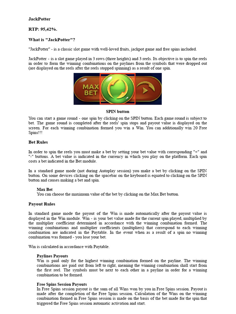 Jackpotter RTP: 95,42%. What Is "Jackpotter"?: Spin Button | PDF | Slot Machine