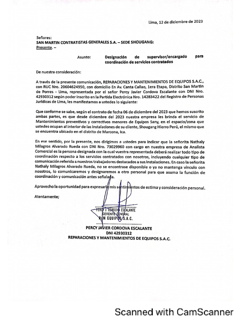 Carta de Comunicado de Coordinador - Firmada | PDF
