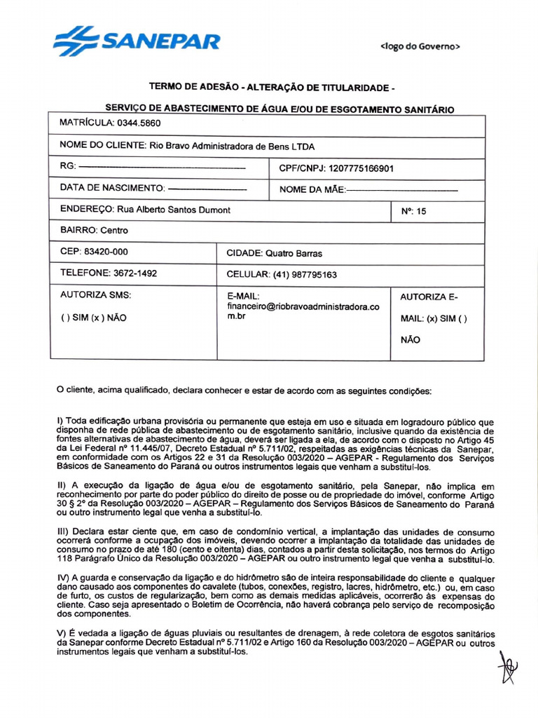 Sanepar Termo de Adesão 27 de Jan. de 2023 | PDF