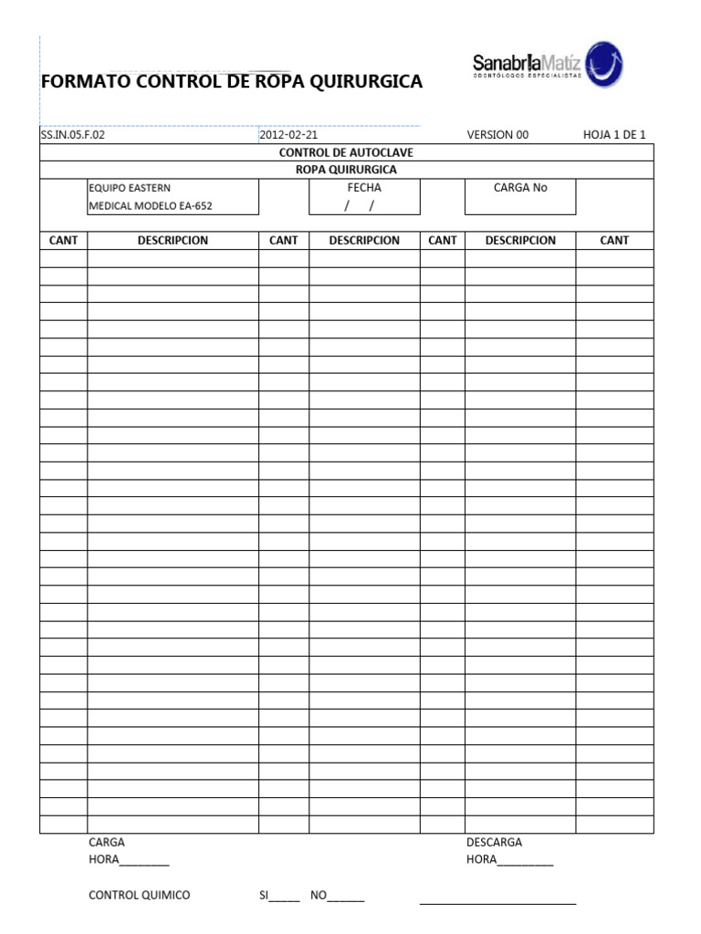 Formato Control de Ropa Quirúrgica | PDF