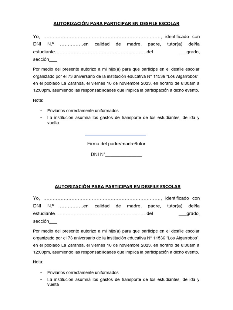 Autorizaciòn para Participar en Desfile Ok | PDF