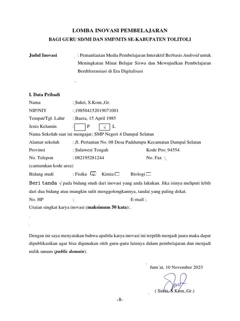 Form Inovasi Pembelajaran (Pelengkap Pendaftaran) | PDF