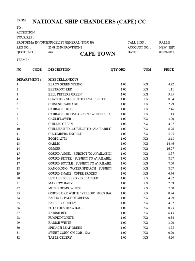 National Ship Chandlers Price List | PDF | Pork | Beef