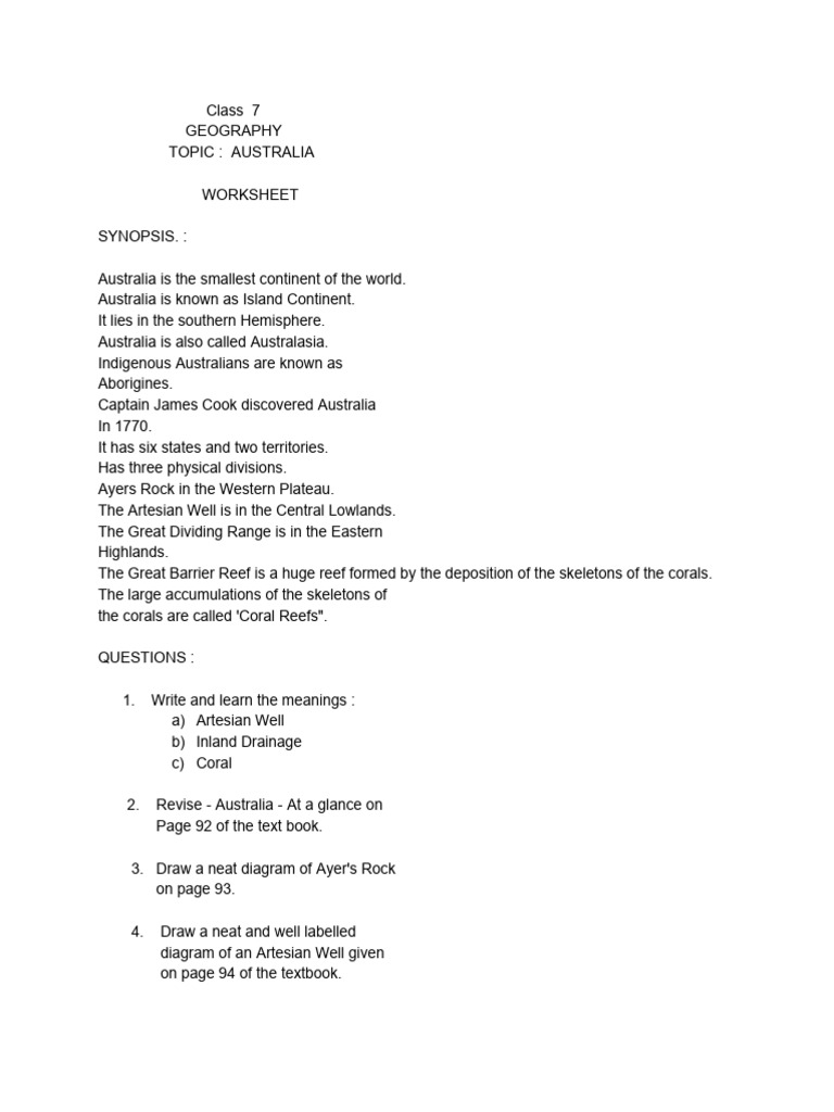 Class 7 Geography Chapter Australia Worksheet | PDF | Social Science