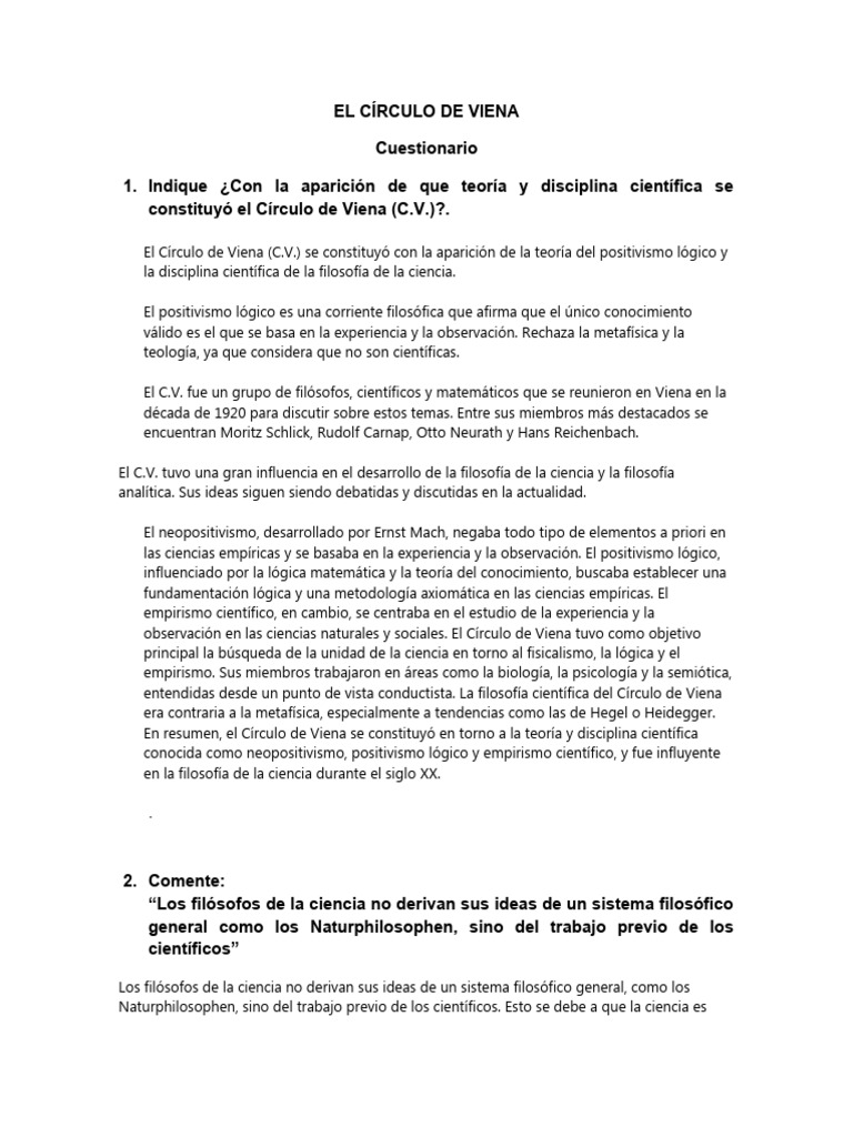 Actividad Cuestionario El CÍrculo De Viena Pdf Positivismo Teoría