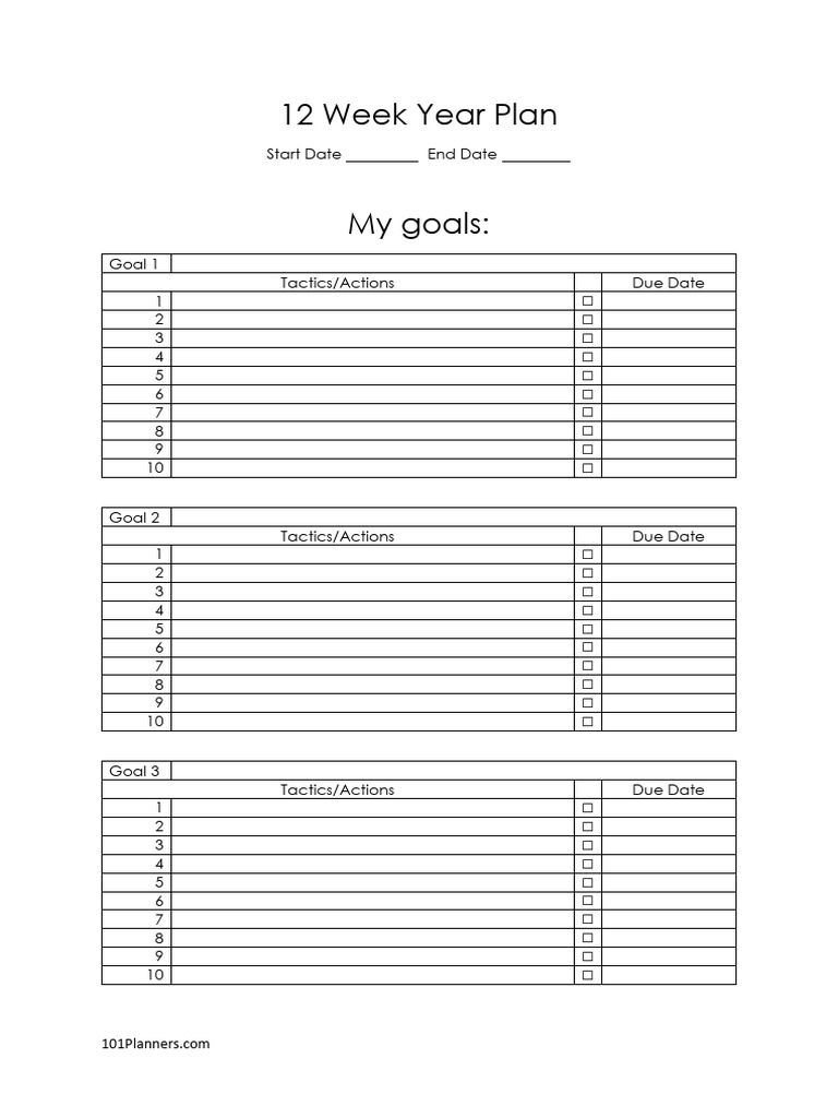 12 Week Goals Template | PDF