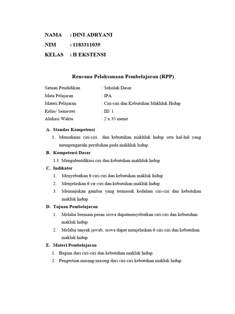 RPP Ipa Kelas 3 Semester 1 | PDF