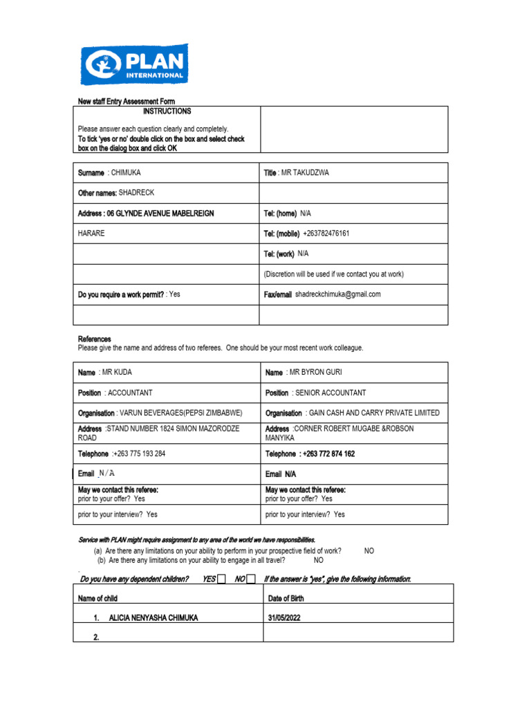 CEN - New Staff Entry Assessment Form - PLAN | Download Free PDF ...