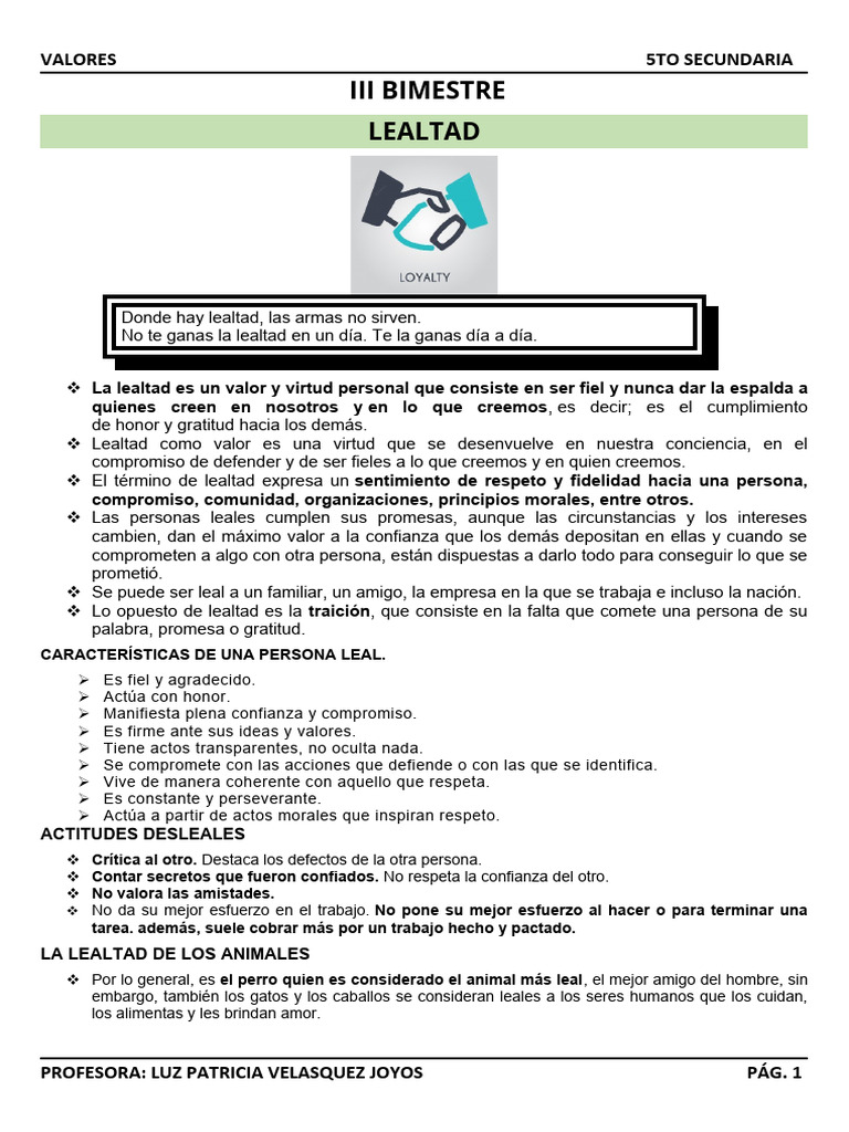 Teoria Valores 5to Secundaria | PDF | Perdón | Lealtad