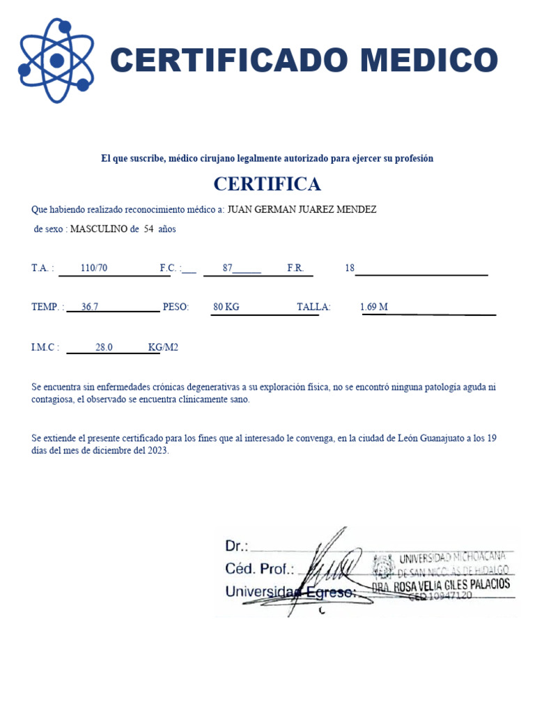CERTIFICADO MEDICO PARA EDITAR 1 | PDF
