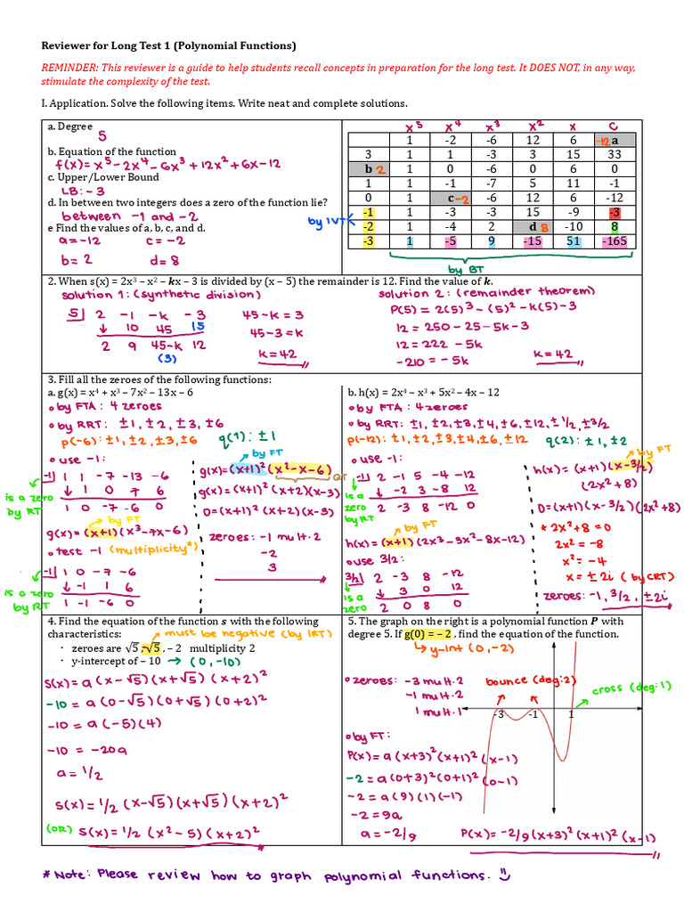 Reviewer For Long Test 1 (Polynomial Functions) - Answer Key | PDF