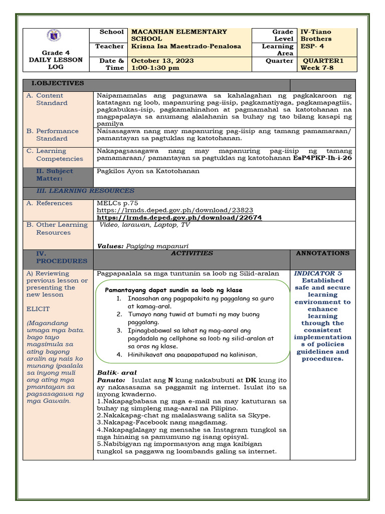 Cot Esp Week 7-8 Q 1 | PDF