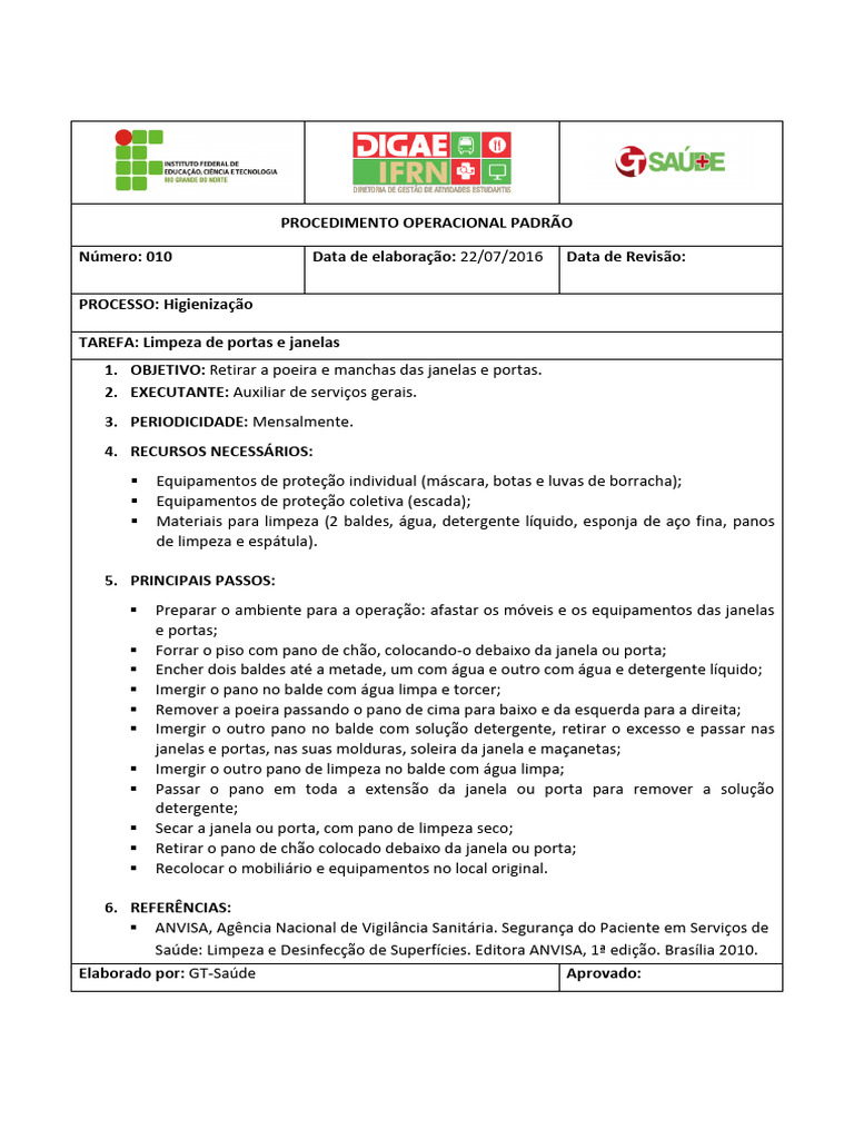 POP 010 - Limpeza Portas e Janelas | PDF