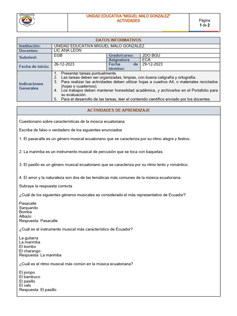 Actividaes Eca 2do Bgu Pdf Ecuador Las Artes Escénicas