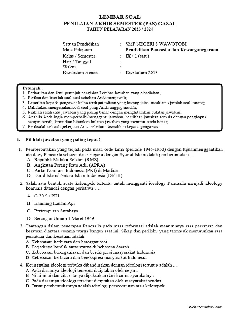 Soal PAS PKN Kelas 9 K13 LAGI | PDF