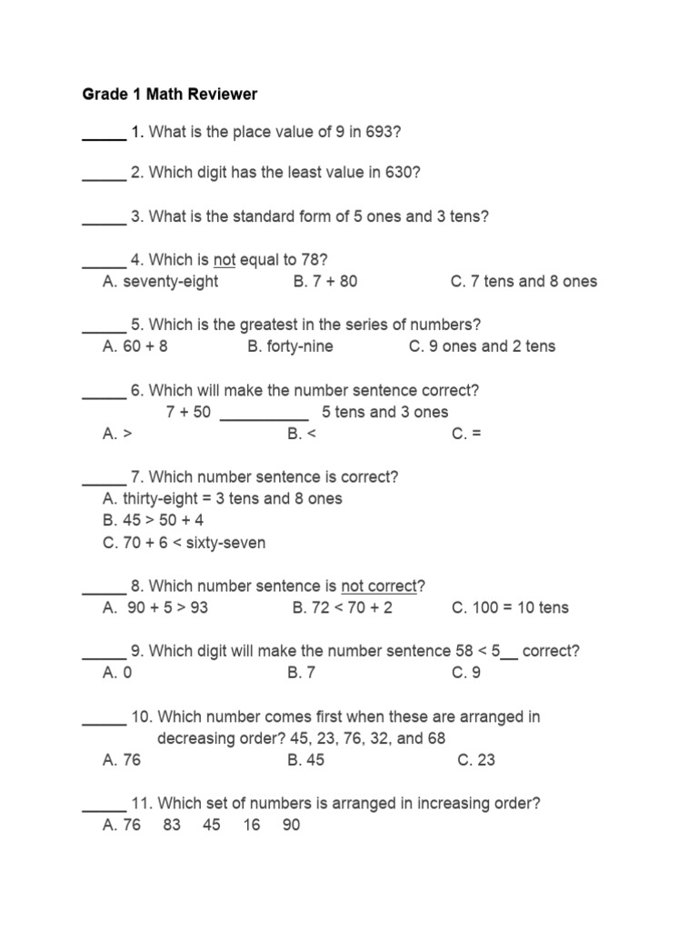 Grade 1 Math Reviewer | PDF