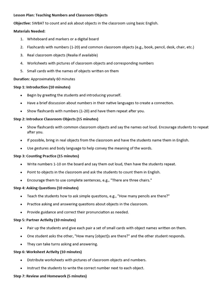 Teaching Numbers and Classroom Objects - LP | PDF | English Language ...