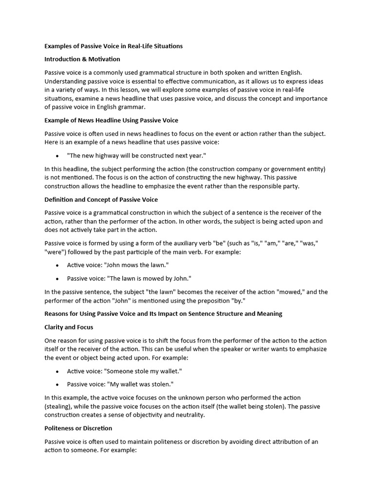 Real-Life Examples of Passive Voice | PDF | Linguistics | Grammar