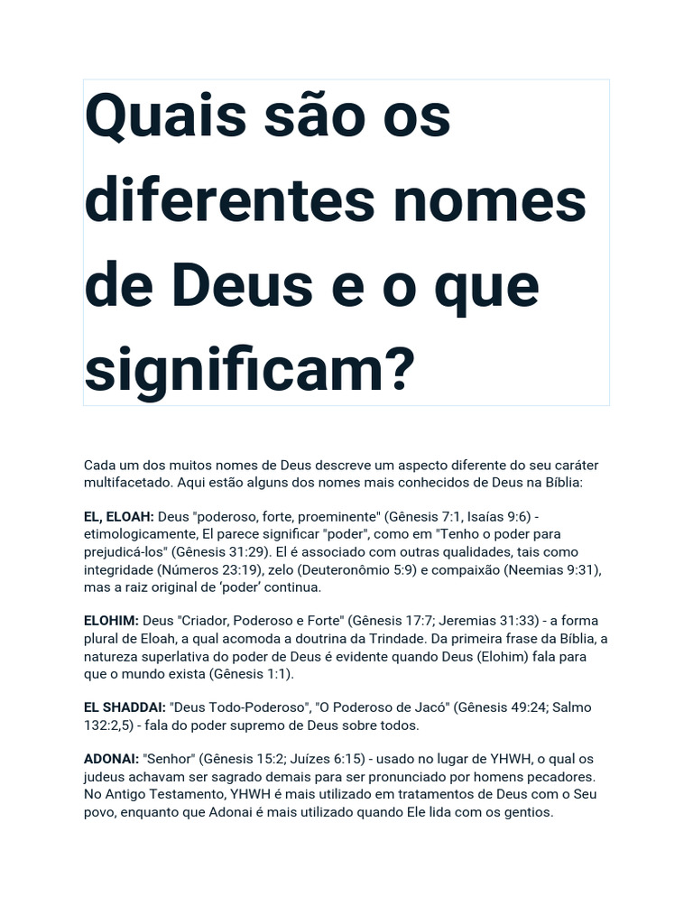 Quais São Os Diferentes Nomes de Deus e o Que Significam | PDF ...