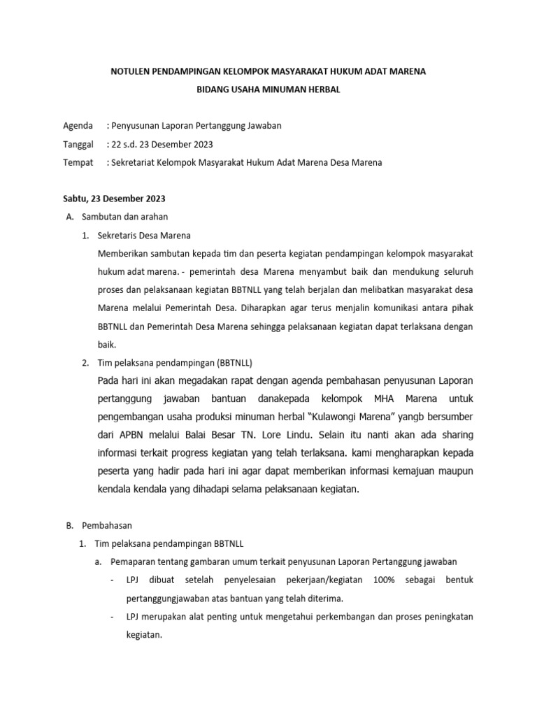 Notulen Pendampingan Kelompok Masyarakat Hukum Adat Marena | PDF | Bisnis | Pengelolaan Keuangan ...