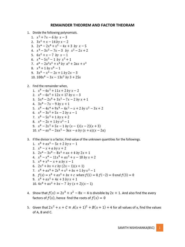 Remainder & Factor Theoram | PDF | Factorization | Polynomial