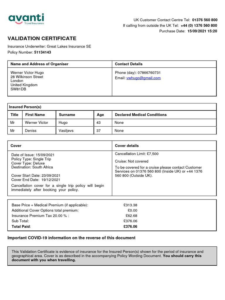 Validation Certificate AVANTI | PDF | Insurance | Financial Services