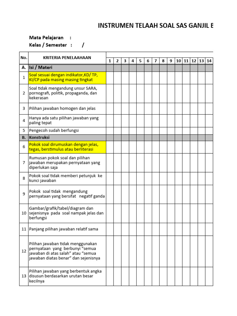 Instrumen Telaah Soal PG Dan Uraian ( ..Mapel ... ) SAS Ganjil 2023 ...