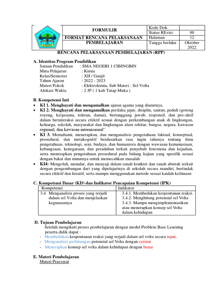 Contoh RPP UKIN PPG | PDF