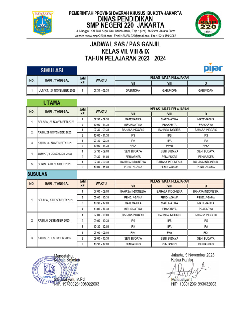 Jadwal Sas-Pas Ganjil TP.2023-2024 - SMPN 220 | PDF
