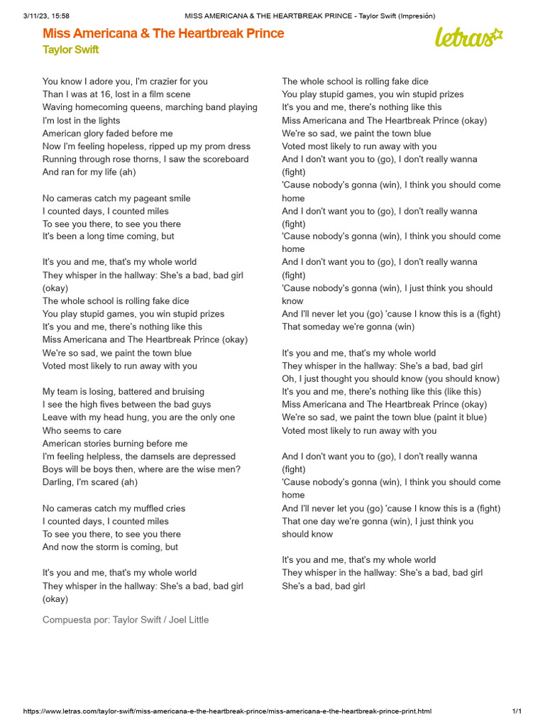 1 MISS AMERICANA & THE HEARTBREAK PRINCE - Taylor Swift (Impresión) | PDF