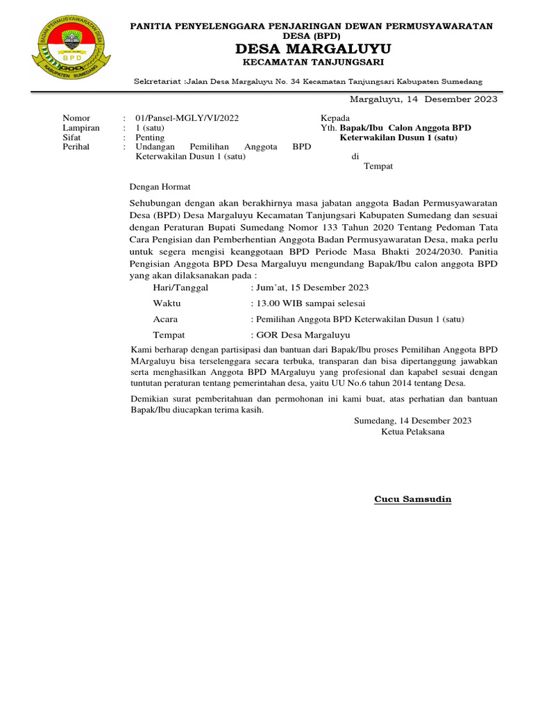 Surat Undangan Calon Anggota BPD Margaluyu 2023 | PDF
